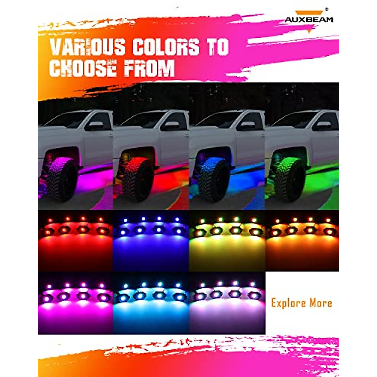 Auxbeam 8 Pods RGB LED Rock Lights + 3FT RGB LED Lighted Whips w/Brake & Turn Signal Light 2Pcs, Bluetooth Multicolor Neon Accent Lights for ATV UTV SUV Trucks Boat