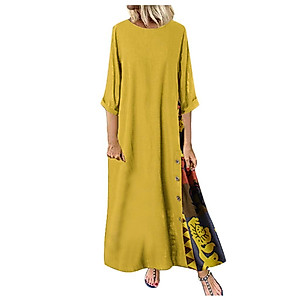 Womens Boho Long Dresses, F_Gotal Women Summer Print Patchwork Short Sleeve O-Neck Vintage Long Maxi Dress Sundress Yellow