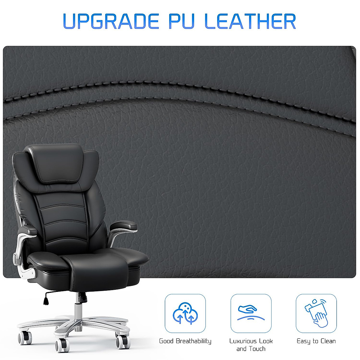 GYI Big and Tall Office Chair 400lb Wide Seat, High Back Leather Executive Office Chair with Flip-up Arms, Ergonomic Computer Desk Chairs for Home Office, Black