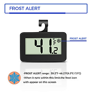 Mini Refrigerator Thermometer, Digital Fridge Freezer Temperature Monitor with Hook & Large LCD Display for Indoor/Outdoor (Black)