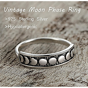 Bamos Moon Phase Engagement Ring, Pure 925 Sterling Silver Moon Ring Wedding Ring for Women, 9 Moon Phases from New Moon to Old Moon on Chrome Plated Mesh Base, Size 6 7 8 9 10
