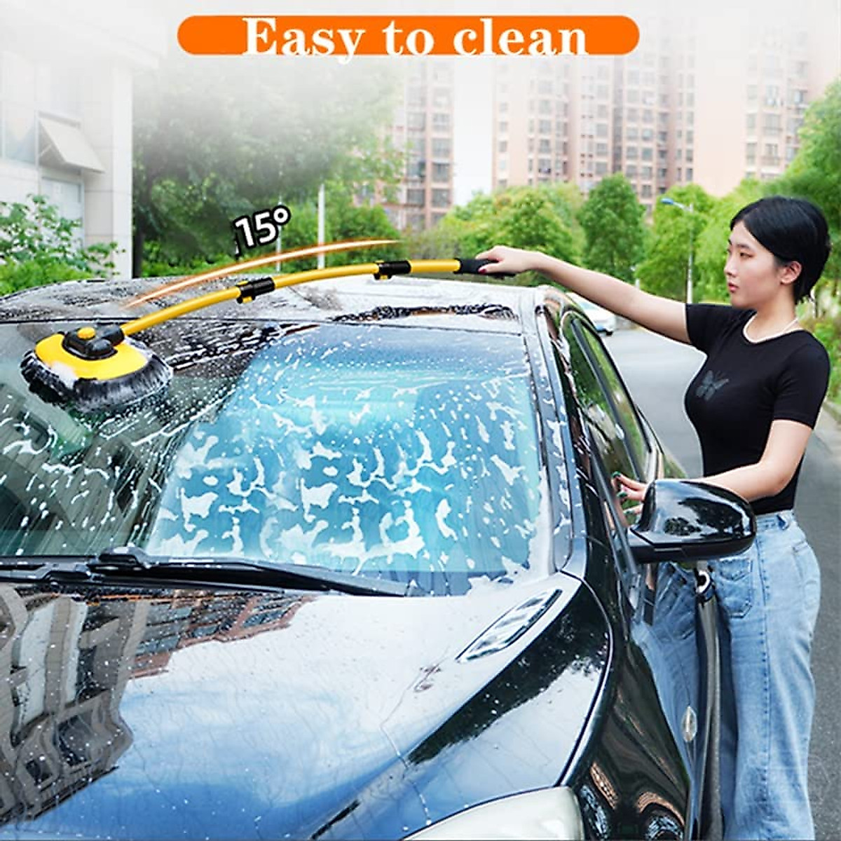 Curved Bar Car Washing Mop 45”, Chenille Microfiber MopHeads, Long Handle Telescopic Tools, Cleaning Tool Kit with15° Labor-Saving Elbow Extension Handle for Cars RV Truck Boat (Car Wash Brush)