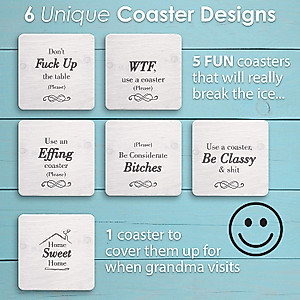 Funny Coasters for Drinks Absorbent with Holder - 6 Pcs Novelty Gifts Set - 6 Sayings - Unique Present for Friends, Men, Women, Housewarming, Birthday, Living Room Decor, White Elephant, Holiday Party