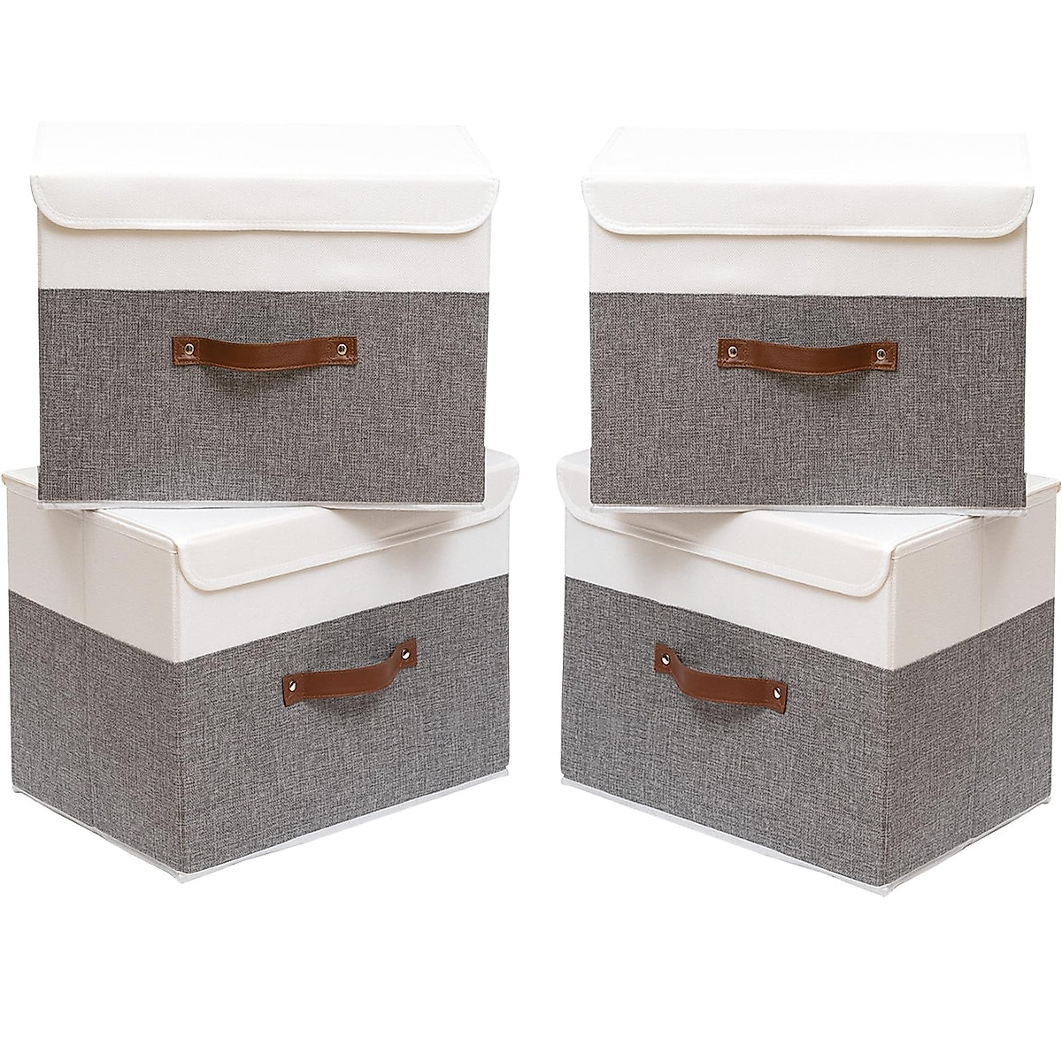 OUTBROS Large Fabric Storage Box with Lid, Collapsible Wardrobe Organiser, Cubes For Towels, Clothes, 13 x 9.1 x 7.9 inch (White/Grey, 4-Pack)