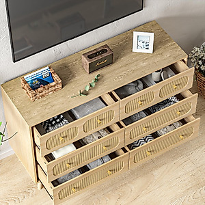 HOUROM Rattan Dresser for Bedroom, Modern 6 Drawer Double Dresser with Gold Handles, Natural Wood Storage Dressers & Chests of Drawers, 6 Drawer Dressers