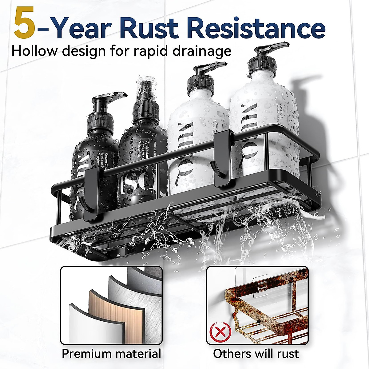 YASONIC Shower Caddy Adhesive, No Drill Bathroom Shower Organizers, with Removable Hooks, Rust Proof Shower Shelves, Wall-Mounted Shower Holder, Black, 2 Pack