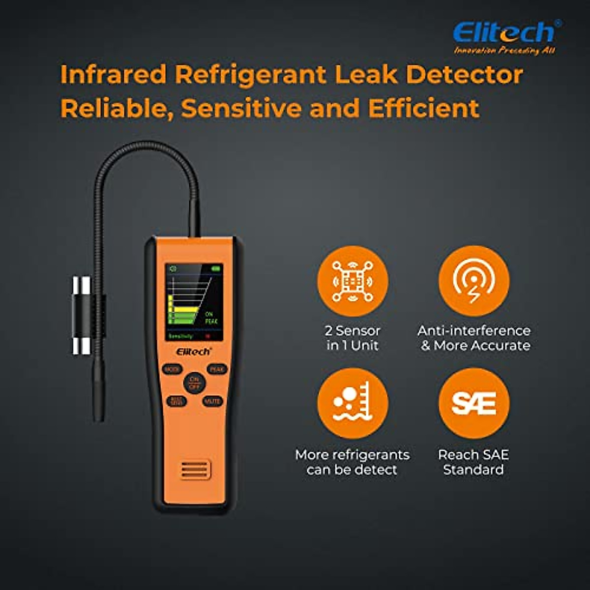 Elitech Refrigerant Leak Detector, Infrared & Heated Diode Sensors in 1 Unit, HVAC Halogen Gas Sniffer, Anti-interference, Reach SAE Standards, IR-200