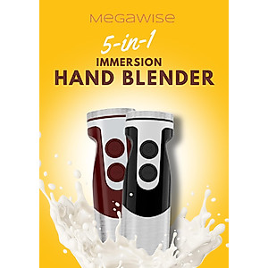 MegaWise 5-in-1 Hand Blender Set with Variable Speed Control, 400W Immersion Blender - Includes Whisk, Milk Frother, Chopper, and Beaker for Smoothies, Soups, and Baby Food (RED)