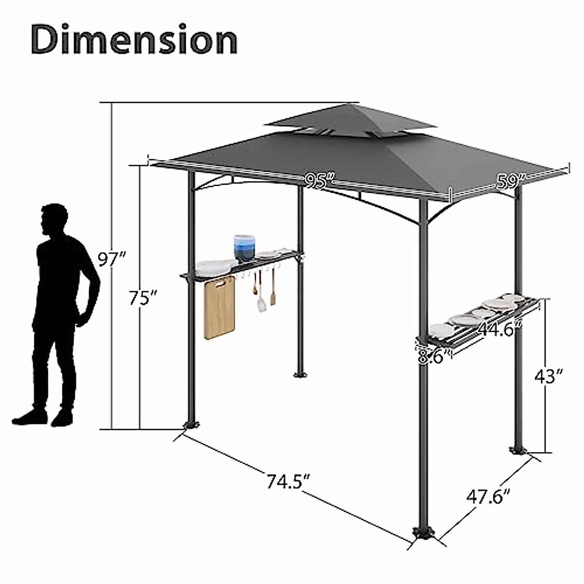 voqoomkl 8 x 5 Grill Gazebo Canopy, Double Tiered Outdoor Grill Gazebo with Shelves and Hooks, Sturdy Steel Frame BBQ Gazebo Canopy, UV Resistant & Waterproof, Gray