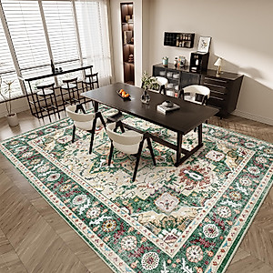 Vamcheer Washable Area Rug - Green Vintage 5x7 Area Rugs for Living Room, Bedroom, Machine Washable Rug Non-Slip Backing, Ultra-Soft Low Pile Carpet