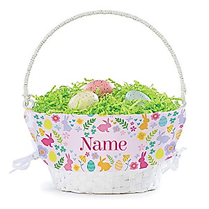 Bunny Flower Pattern Personalized Easter Egg Basket with Handle and Custom Name | Pink Easter Basket Liners | White Basket | Woven Easter Baskets for Kids | Customized Easter Basket | Gift for Easter