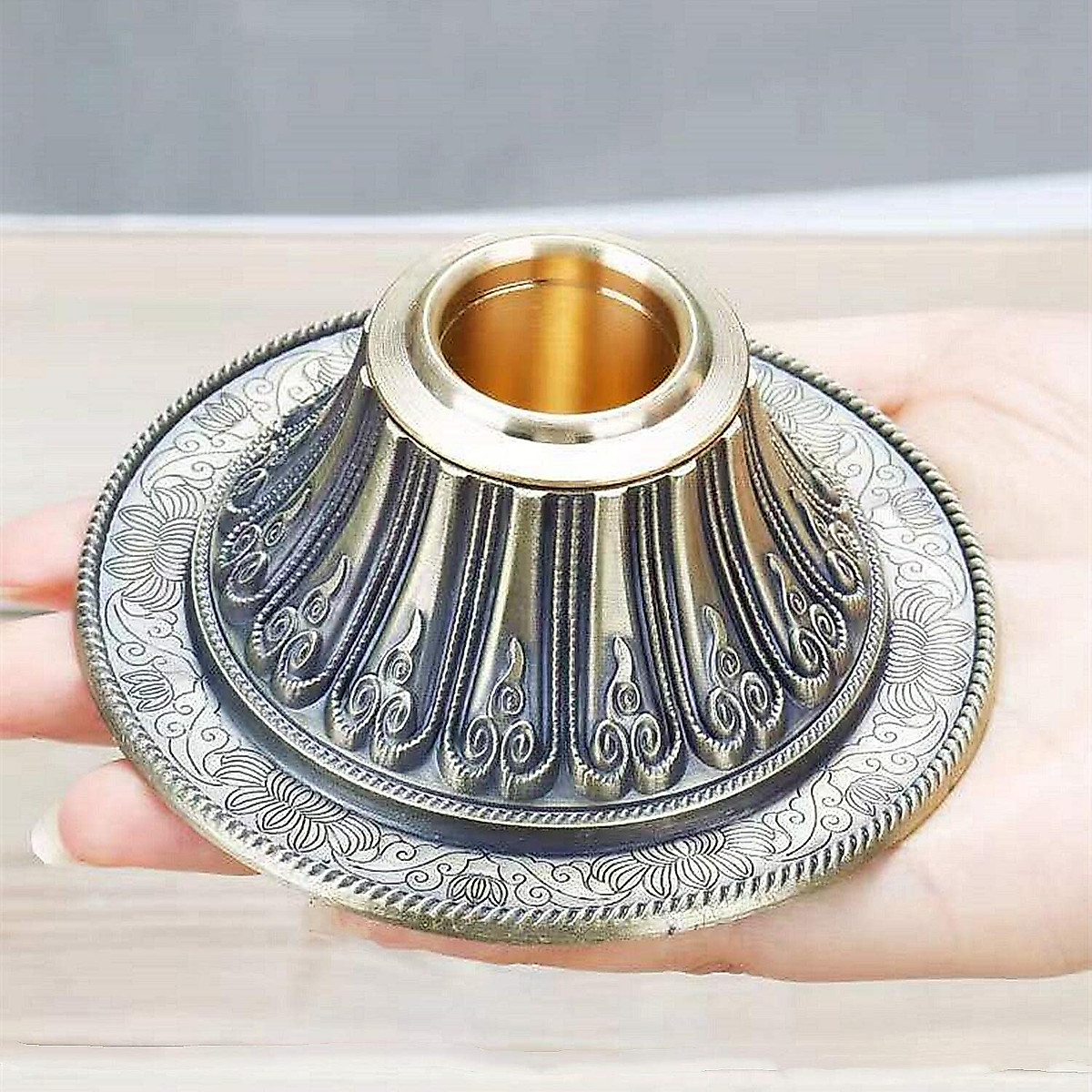 Copper Tibet Prayer Wheel Holder with Mandala Pattern, Hand Held Prayer Wheel Display Stand for Praying, blessing, Meditation, Healing, Relaxing, Yoga (Prayer Wheel Not Included)