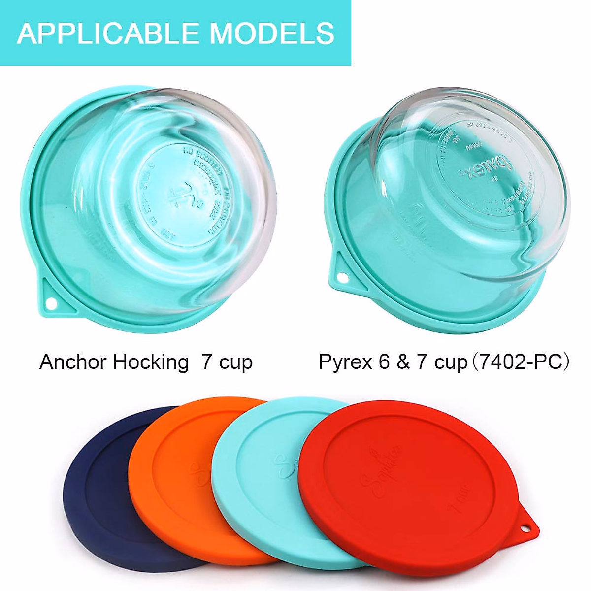 Sophico Round Silicone Storage Cover Lids Replacement for Anchor Hocking and Pyrex 7402-PC 6/7 Cup Glass Bowls (Container not Included)(Mint - 2 pack)