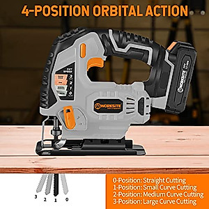 WORKSITE Cordless Jig Saw, 20V Lithium Ion Jigsaw with LED Light, 4 Orbital Settings and 3000 SPM Variable Speeds, 10Pcs T-shaped Cutting Blades, Battery & Charger Included