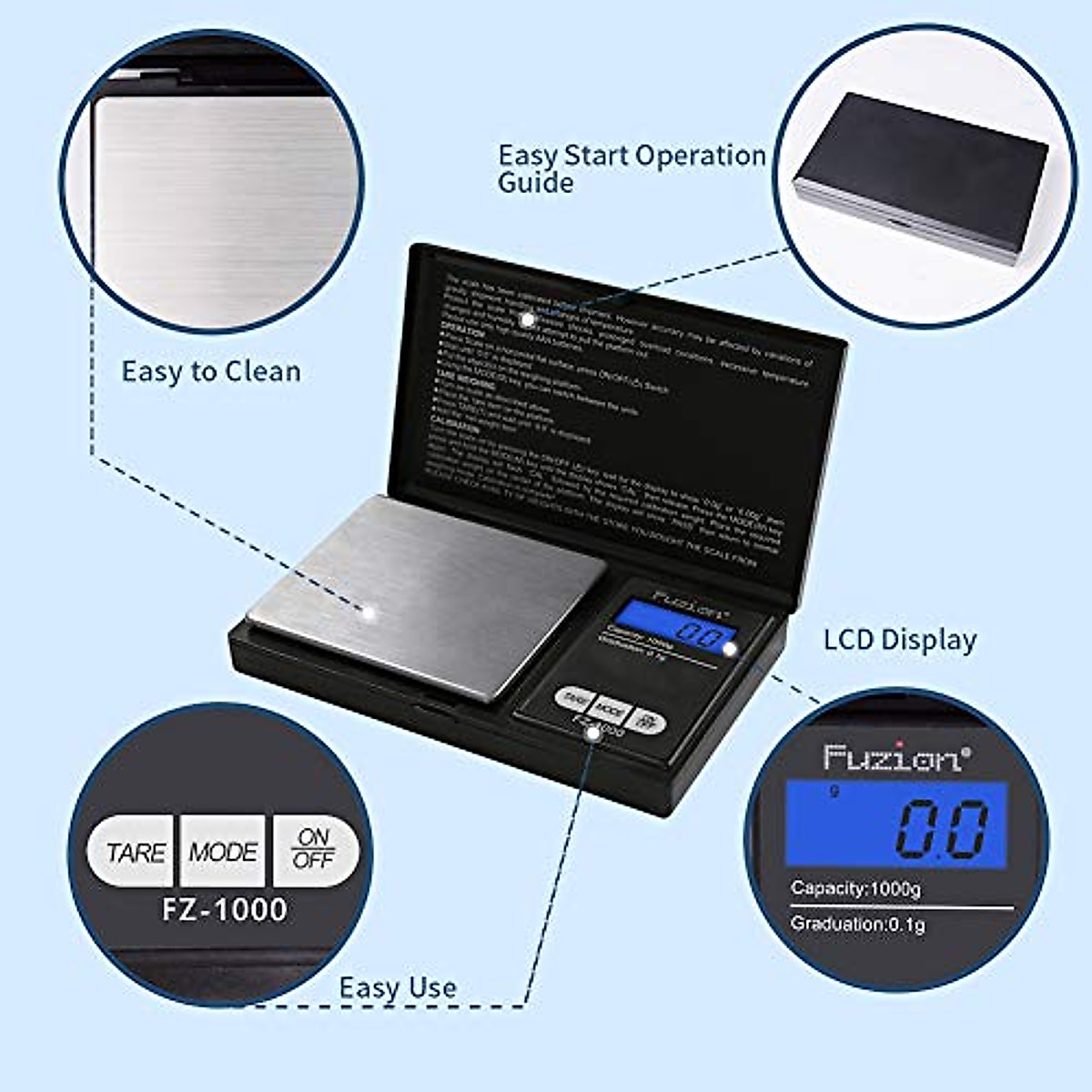 𝗙𝘂𝘇𝗶𝗼𝗻 Digital Pocket Scale 1000g/0.1g, Small Digital Scales Grams and Ounces, Herb Scale, Jewelry Scale, Portable Travel Food Scale( Battery Included )