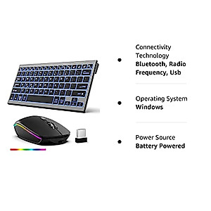 FENISIO Wireless Keyboard Mouse, Ultra Slim Bluetooth 2.4G Slient Wireless Keyboard and Mouse Combo with Backlit, Multi-Device USB Rechargeable Keyboard Mouse for Laptop PC Windows Desktop(Grey Black)