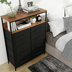 WARM&LOVE 8 Drawer Dresser with Shelves, Chest of Drawers for Bedroom with Wood Top, Black Dresser Storage Organizer Unit with Fabric Bins for Closet/Living Room/Hallway/Nursery