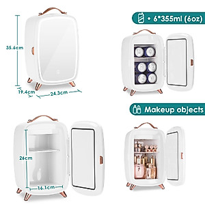 JSTPRO Skincare Fridge, 6L White Skincare Fridge with Dimmable LED Light Mirror, Makeup Fridge for Bedroom, Car, Office & Dorm, Portable Mini Skincare Fridge for Cosmetics, Skin Care and Food