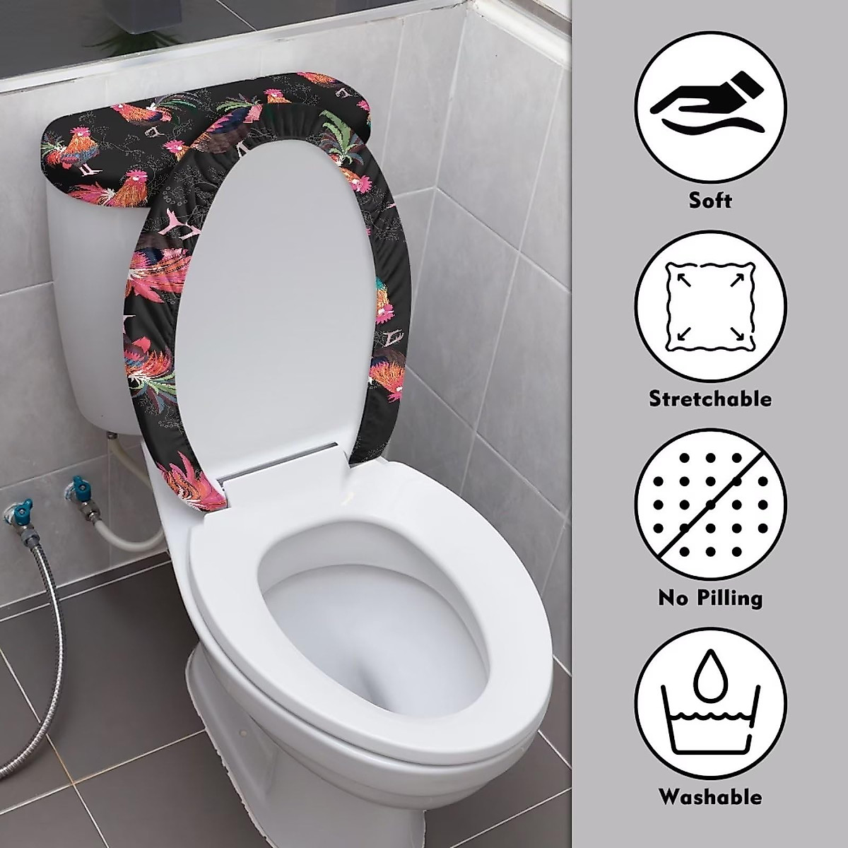 Tomeusey Toilet Lid Cover Set of 2 Pack,Rooster Print Durable Toilet Lid Seat Cover with Elastic Edges,for Home Toilet Tank Lid Cover,Easy to Install