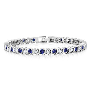 Gem Stone King 2 Piece Round White Cubic Zirconia and Simulated Blue Sapphire Set of 2 Tennis Bracelets for Women 4.50 Ct Each, 7 Inch Length