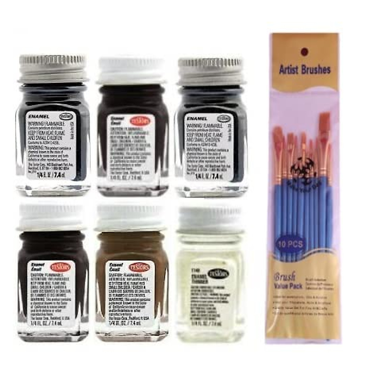 Make Your Day Testors Black Enamel Paint Variety, Flat Black, Gloss Black, Semi-Gloss Black, Black Metallic, Flat Rubber, and Thinner 1/4 fl oz (Pack of 11) Brushes