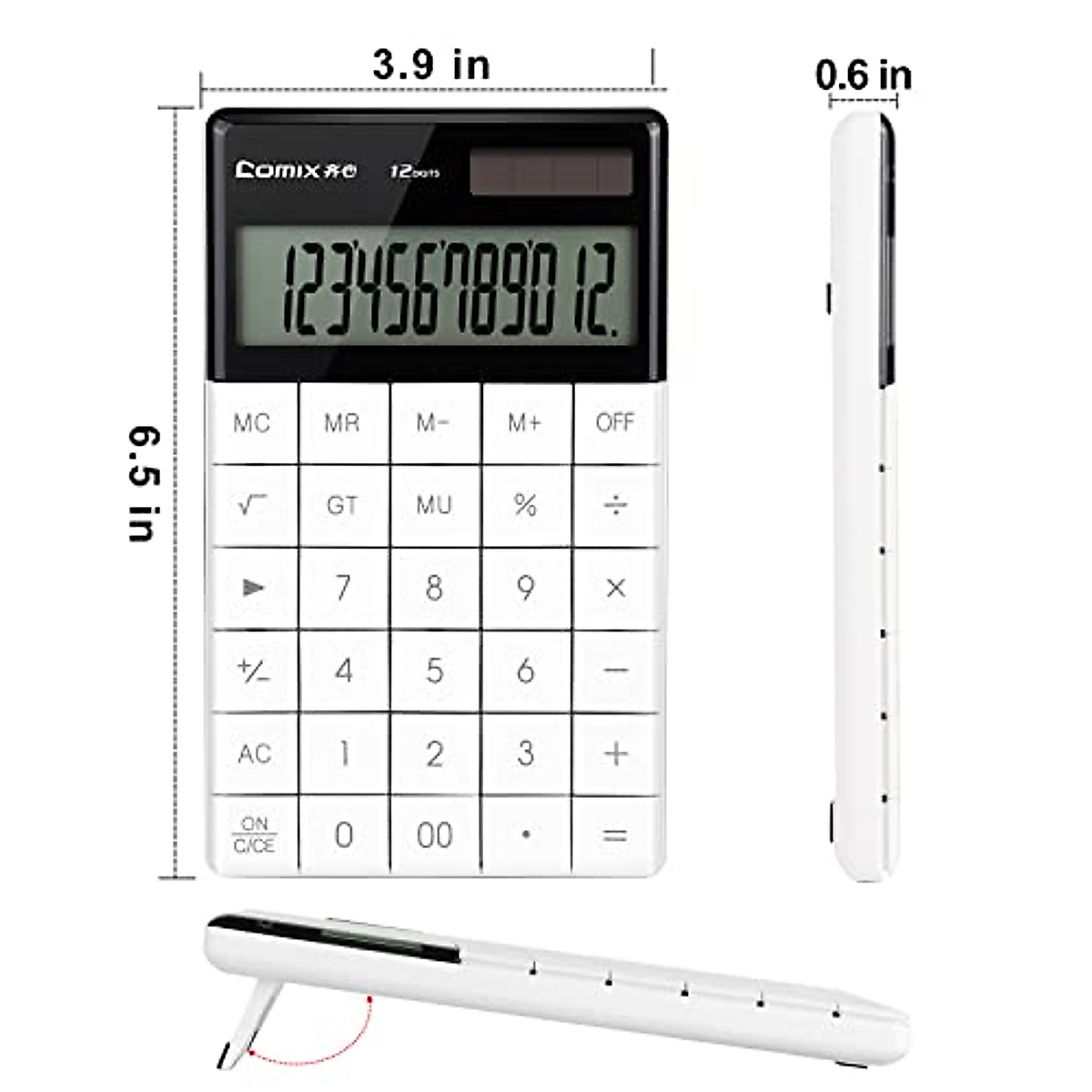 Comix Desktop Calculator with Large LCD Display and Big Button, 12 Digits Baisc Calculator, Battery Solar Dual Powered, for Office Home School C-1371 (White)