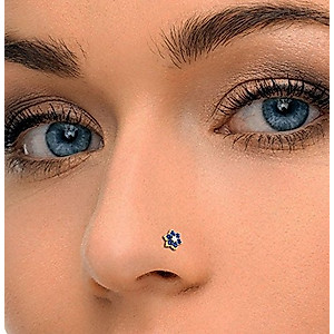 Demira Jewels 14K Yellow Gold Nose Piercing Wire Setting Stud with Real Diamond and Natural Blue Sapphire Flower – Elegant Wedding Nose Ring, Stunning Bridal Nose Jewelry.