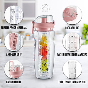 Zulay 34 oz Large, Leakproof Fruit Infuser Water Bottle With Sleeve And Anti-Slip Grip - Men and Women's Ideal Fitness Gift Or For Gym, Camping, and Travel - Cotton Candy Pink
