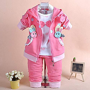 Yao 6M-4Y 3pcs Baby Girl Casual Hoodie Jacket Cotton T-Shirt Pants Sweater (Hot Pink,6-12M)