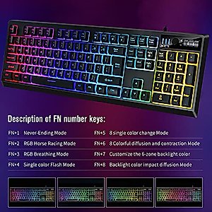KOLMAX K3 RGB Gaming Keyboard and Mouse Combo,RGB Mechanical feel Gaming Keyboard with Ergonomic Detachable Wrist Rest, Programmable 7200 DPI RGB Gaming Mouse for Windows PC Mac Office/Gaming/Xbox/PS4