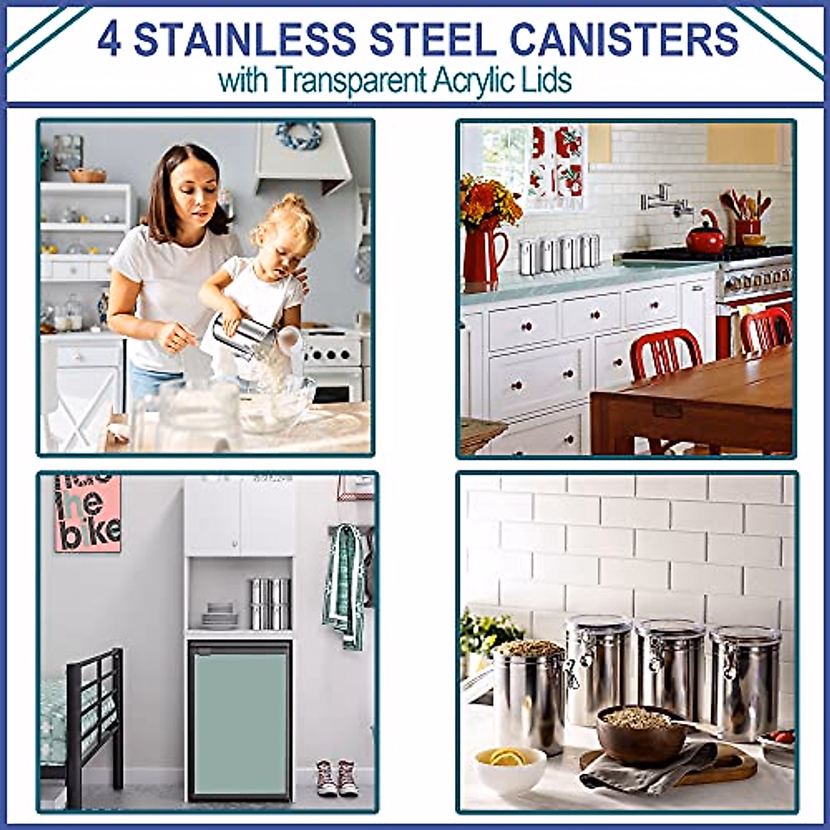 HOMEARRAY Stainless Steel Canister Set - Airtight Food Storage Canisters for Kitchen Counters, Tea, Sugar, Flour, Coffee Sealable Jars with Locking Clamp - Set of 4