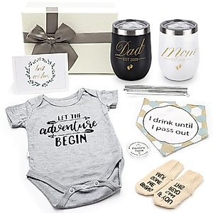 Pregnancy Gift Est 2022, First Time Mom Gifts for Women, New Parents Wine Tumbler Set Baby Onesie Socks Bib Decision Coin - Top Mom Dad Gift Set Idea for Baby Shower, Gender Reveal (7 pcs Set)