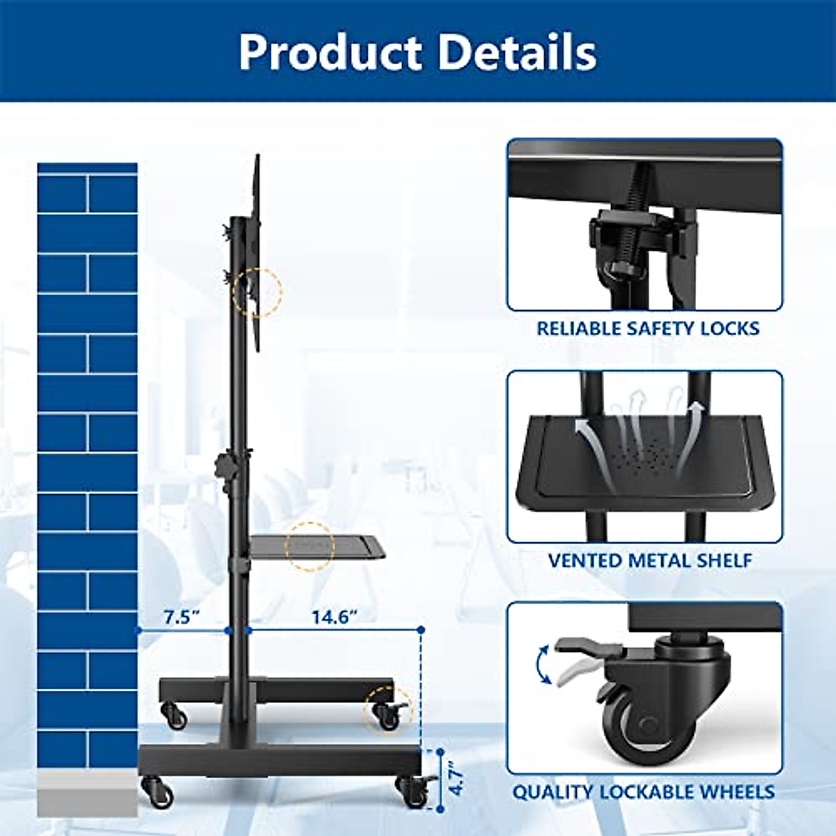 Mobile TV Cart for 32-75 Inch Screens up to 110 lbs, Height Adjustable Rolling TV Stand with Locking Wheels and Metal Shelf, Portable Outdoor Floor TV Stand Movable Monitor Holder for Home Office