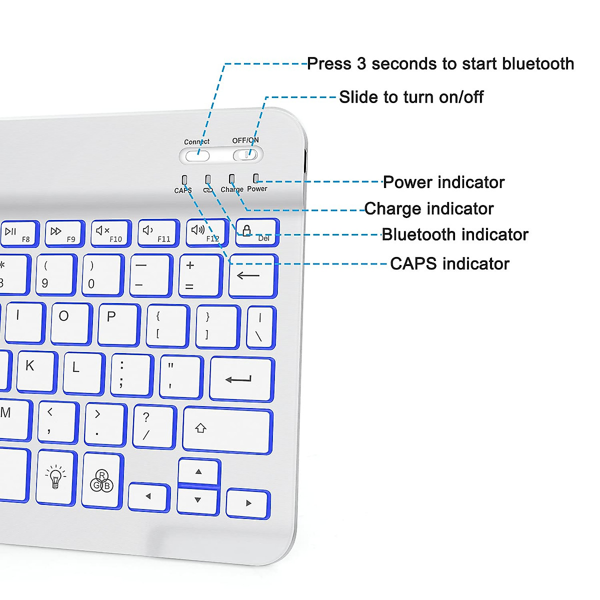 OMOTON Bluetooth Keyboard, Wireless Rechargeable Keyboard for iPad, iPad Pro, iPad Mini, iPad Air with Illuminated LED (White)