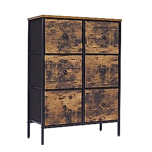 DOVAMY 6 Drawer Dresser for Bedroom, Fabric Dresser Organizer, Tall Dresser with Vintage Wooden Top, Steel Frame, Chest of Drawers, Closet, Nursery and Living Room, Rustic Brown