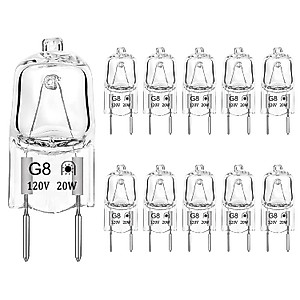 G8 Halogen Bulb 20W 120V Dimmable T4 JCD Type G8 Base Bi-Pin Xenon Bulb for Under Cabinet Puck Lights, Kitchen Hood, Landscape Lights, Warm White 2700K (10 Pack)