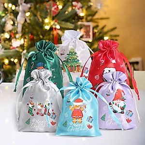 24 Pcs Small Christmas Bags with Drawstring Cute Satin Xmas goodie Bags Bulk for Christmas Advent Calendar Assorted Treat Bags for Winter Holiday Party Favor