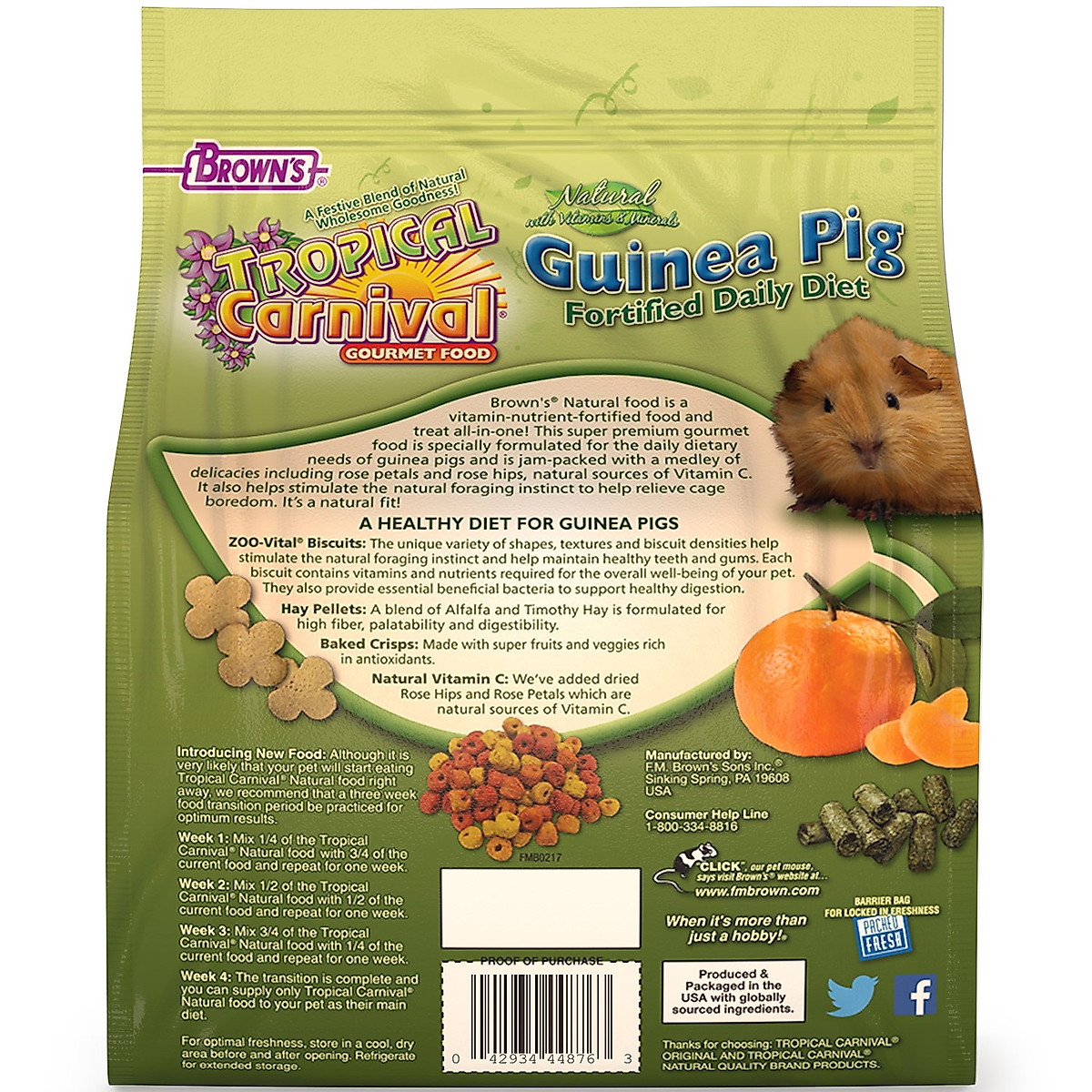 F.M. Brown's Tropical Carnival, Natural Guinea Pig Food, Vitamin-Nutrient Fortified Daily Diet with Vitamin C and High Fiber Alfalfa and Timothy Hay Pellets for Optimum Digestion, 4 lb