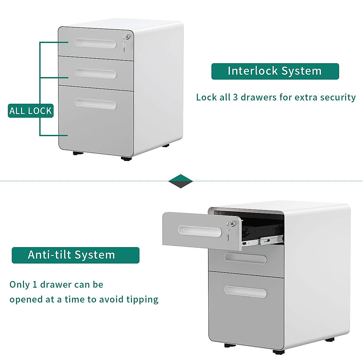 YITAHOME 3-Drawer Rolling File Cabinet, Metal Mobile File Cabinet with Lock, Filing Cabinet Under Desk fits Legal/A4 Size for Home/Office, Fully Assembled-Gray and White