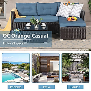OC Orange-Casual Patio Furniture Set, All-Weather Outdoor Sectional Sofa Set, Wicker Lounge Couch with Glass Coffee Table for Deck Balcony Porch, Brown Rattan, Aegean Blue Cushion