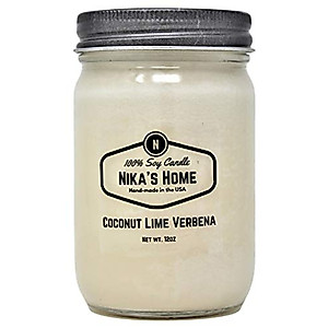 Nika's Home Coconut Lime Verbena Soy Candle - 12oz Mason Jar - Non-Toxic Soy Candle-Hand Poured Candle- Handmade, Long Burning Candle-Highly Scented Candle-All Natural, Clean Burning Candle