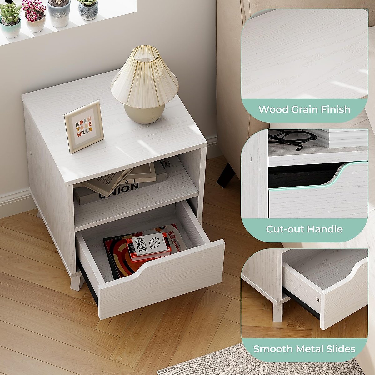 Giantex 2 Tier Nightstand, Mid Century Modern Bedside Table with Storage Drawer & Open Shelf, Wood Night Stand for Small Spaces, Minimalist Side End Table for Bedroom, Distressed White