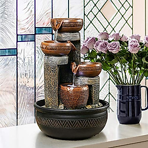 Agoodping 15.7''H Relaxation Desktop Waterfall Fountain Decor Portable Tabletop Waterfall Fountains ,Indoor Waterfall Feature with LED Light for Home Office Bedroom (Brown, 15.7inch)