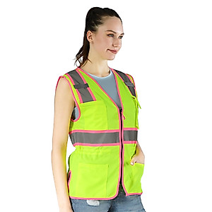 Hi Vis Safety Vest for Women, Working Drawstring waist Construction Vest with Pockets and Zipper, Womens Safety Vest, ANSI Type R Class2, Yellow Pink Strips, M