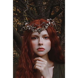 MOSTORY Handmade Forest Leaf Crown - ELf Woodland Hadpiece Fairy Green Branch Tiara Elven Vine Circlet with Rhinestone Tassel for Renaissance Party Cosplay Halloween Photo Prop