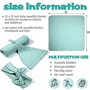 4 Set Newborn Swaddle and Headband Set Cotton Swaddle Hat Set Wrap Receiving Stretchy Swaddle Blankets Swaddle and Bow Set Newborn Beanie Newborn Hat and Swaddle (Light Green, Gray, Pink, Light Khaki)