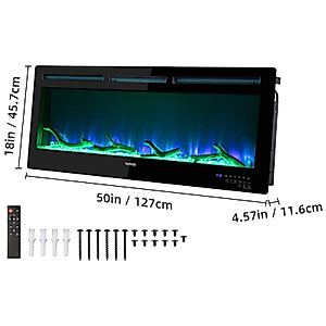 VEVOR Electric Fireplace, 50-inch Wall Mounted and Recessed Fireplace, Fit for 2 x 4 and 2 x 6 Stud, Adjustable Flame Colors and Speed with Remote Control & Timer, Compatible with Alexa, 1500 W, Black