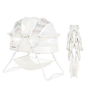 Dream On Me Karley Bassinet in Dove White, Lightweight Portable Baby Bassinet, Quick Fold and Easy to Carry, Adjustable Double Canopy, Indoor and Outdoor Bassinet with Large Storage Basket.