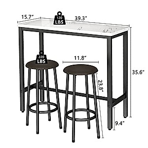 LinkRomat Bar Table Set, 3 Piece Modern Kitchen Pub Table, Small Dining for 2, and Chairs, Height with 2 Round Stools, Room Set Space, White, 39.4 x 15.8 35.4''