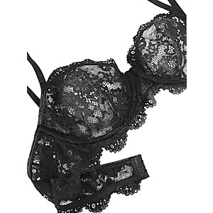 Lilosy Scallop Sexy Underwire Push Up Floral Lace Sheer Lingerie Set for Women See Through Bra and Panty 2 Piece Black Medium